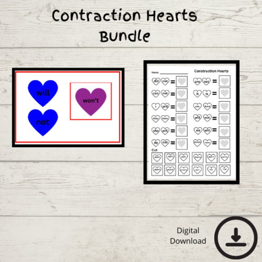 Heart Theme Contraction Bundle | Worksheet and Center/task Box Activity ...