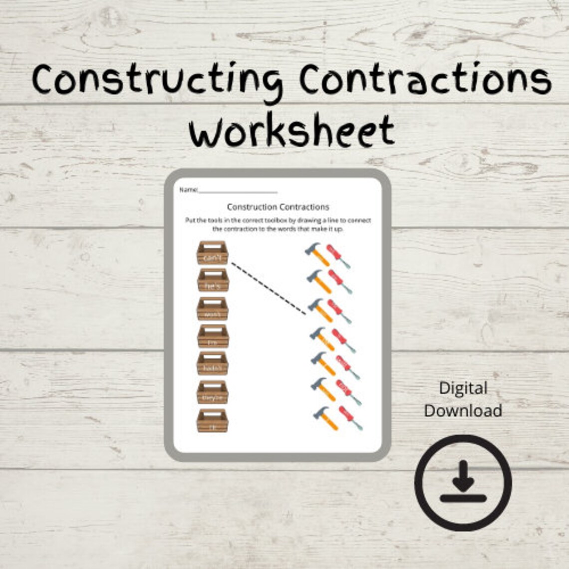 Construction Contractions Worksheet Digital Download | Etsy