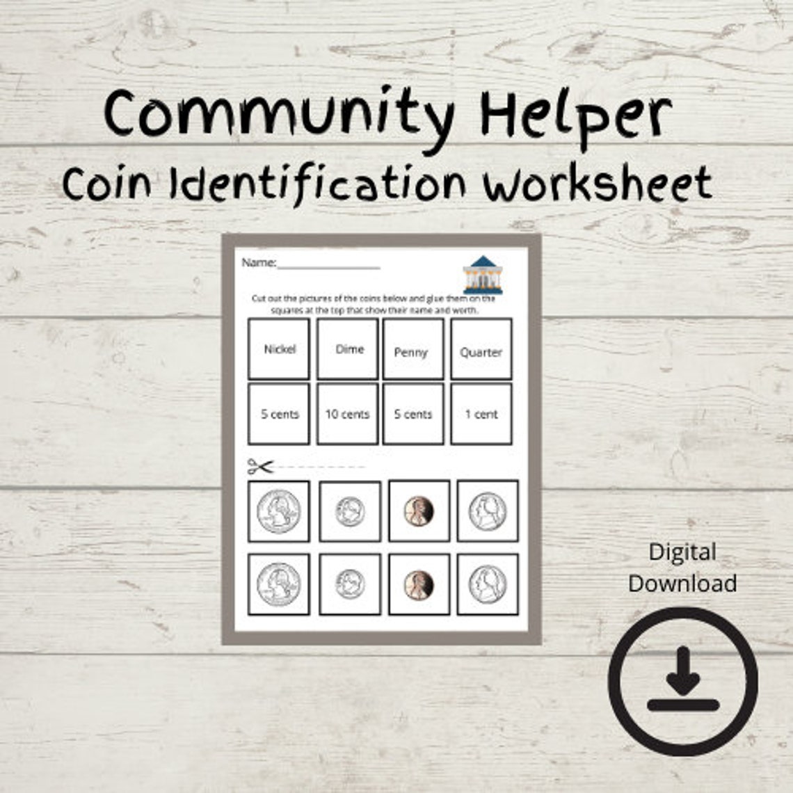 Community Helpers Themed Coin Identification Worksheet | Digital ...