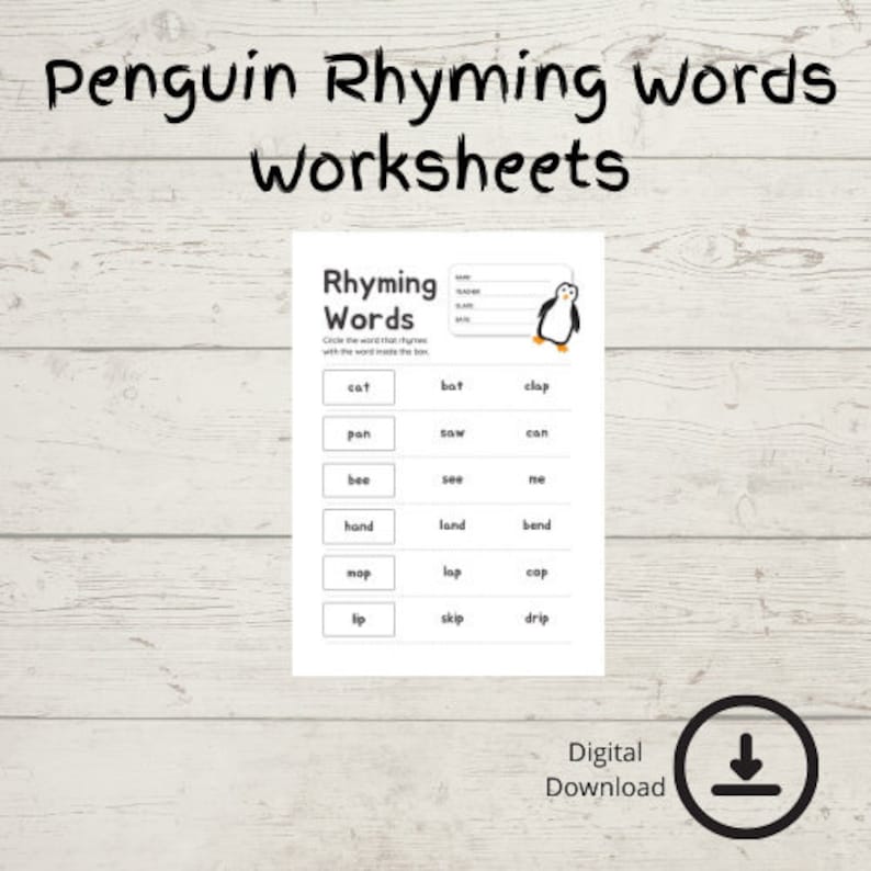 Penguin Themed Rhyming Words Worksheet | Digital Download ...