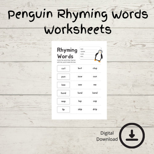 Penguin Themed Rhyming Words Worksheet | Digital Download ...
