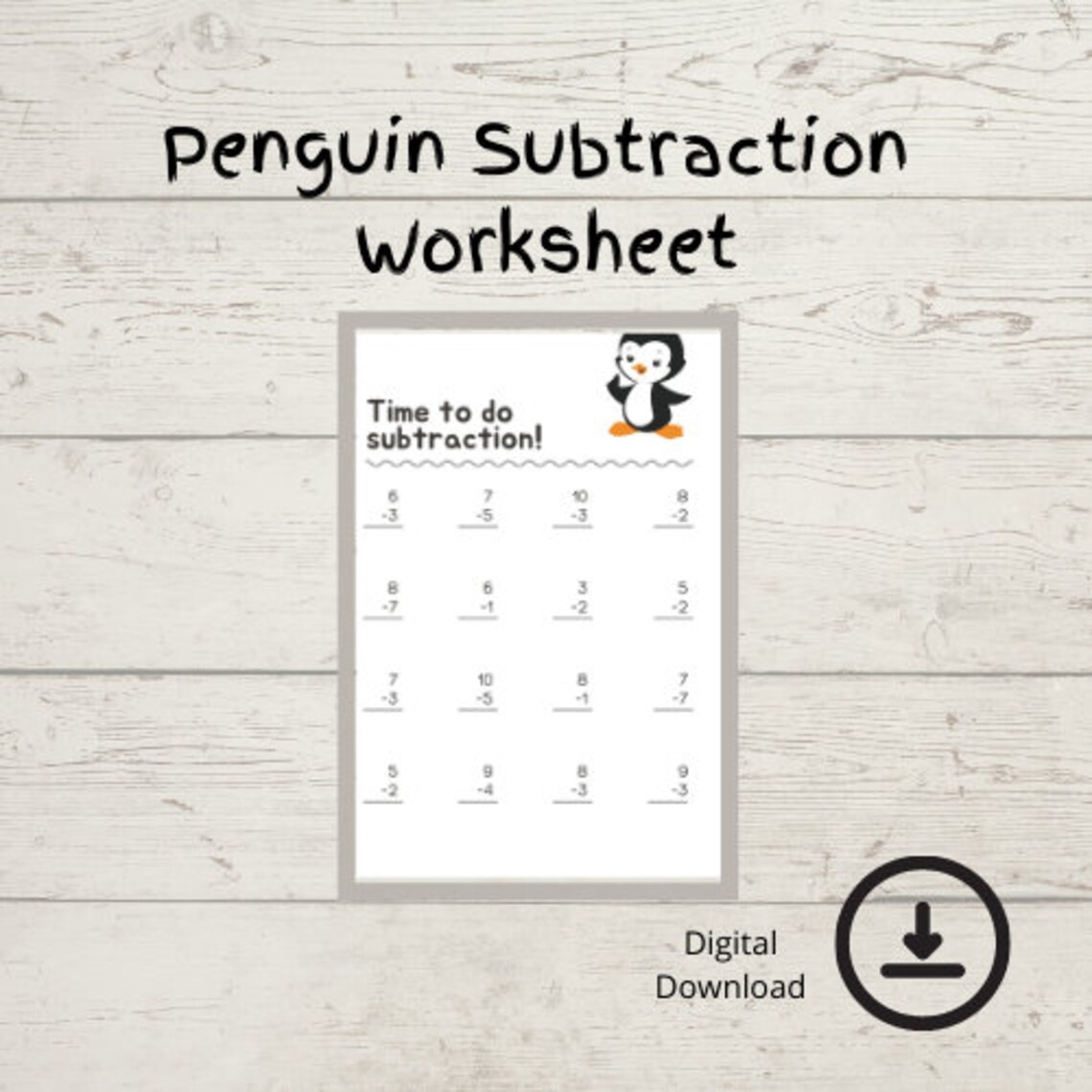 Penguin Themed Subtraction Worksheet Digital Download First Grade ...