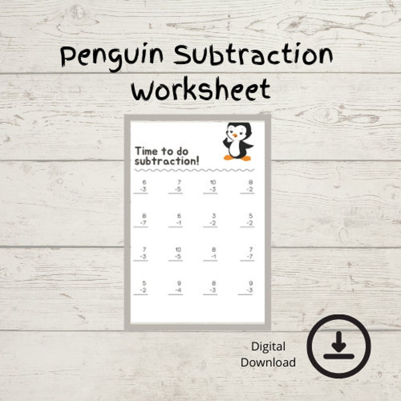 Penguin Themed Subtraction Worksheet | Digital Download | First Grade ...