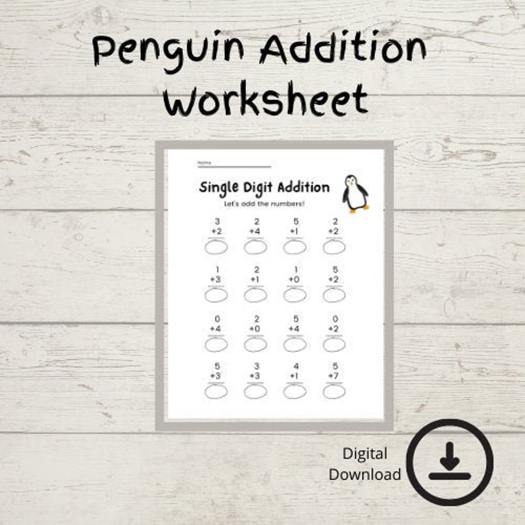 Penguin Themed Addition Worksheet | Digital Download | Kindergarten ...