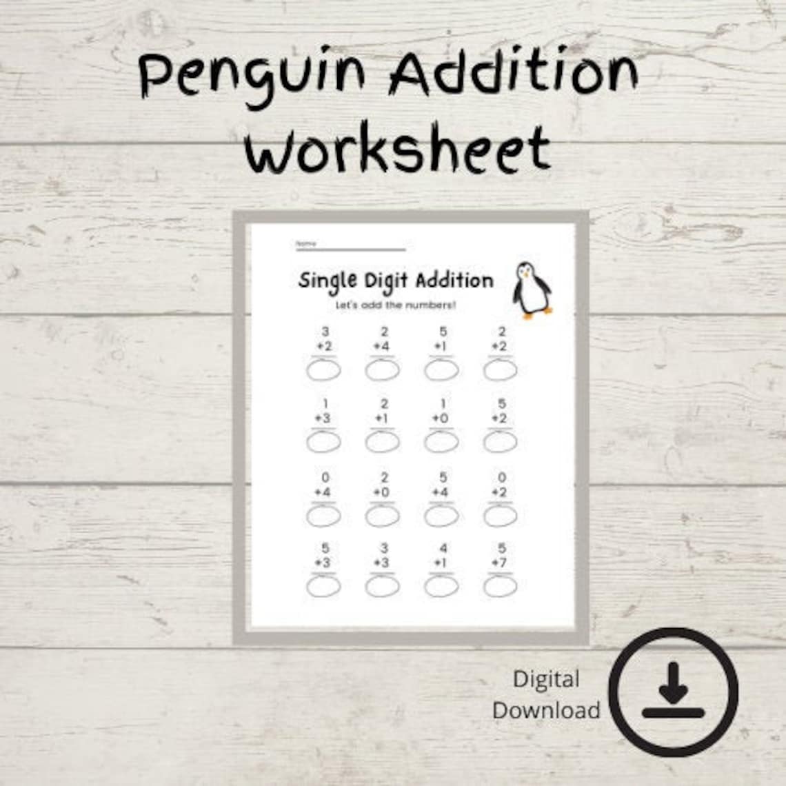 Penguin Themed Addition Worksheet | Digital Download | Kindergarten ...