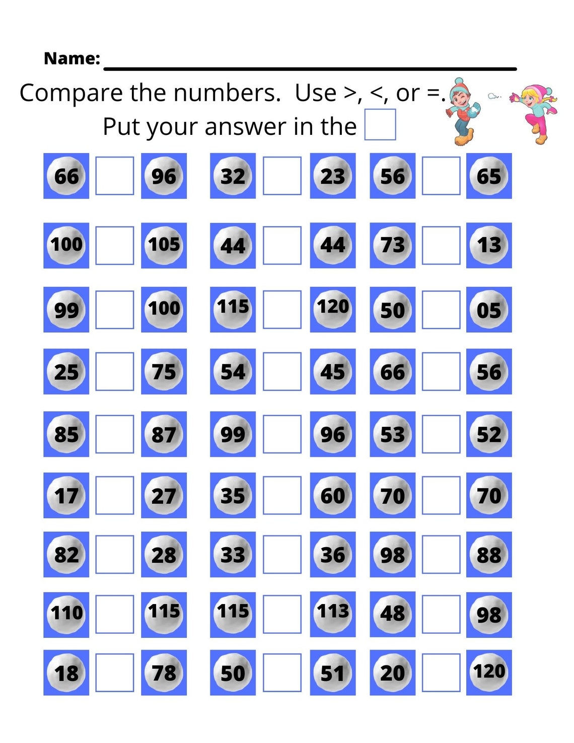 Homeschool Printables Comparing Snowballs Worksheets | Etsy