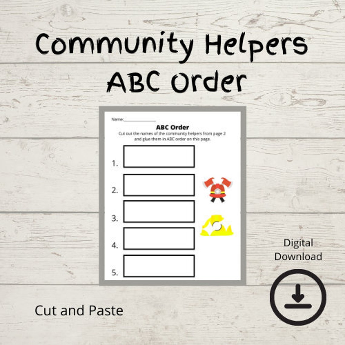 Community Helpers ABC Order Cut and Paste Worksheet Kindergarten First ...