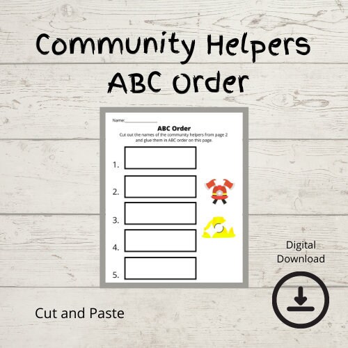 Community Helpers ABC Order Cut and Paste Worksheet | Kindergarten ...