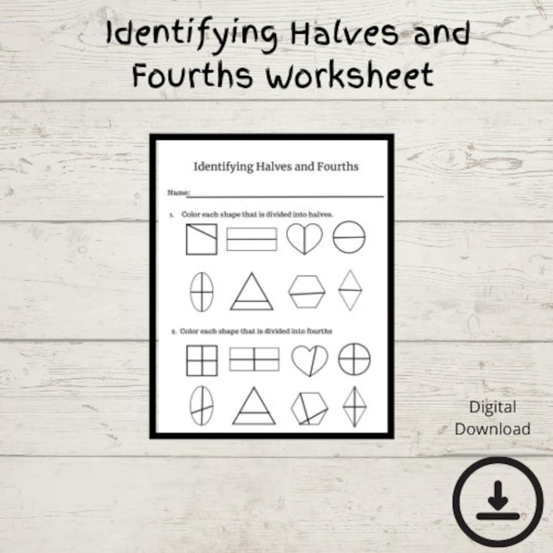Identifying Halves and Fourths Worksheet | Digital Download | First ...
