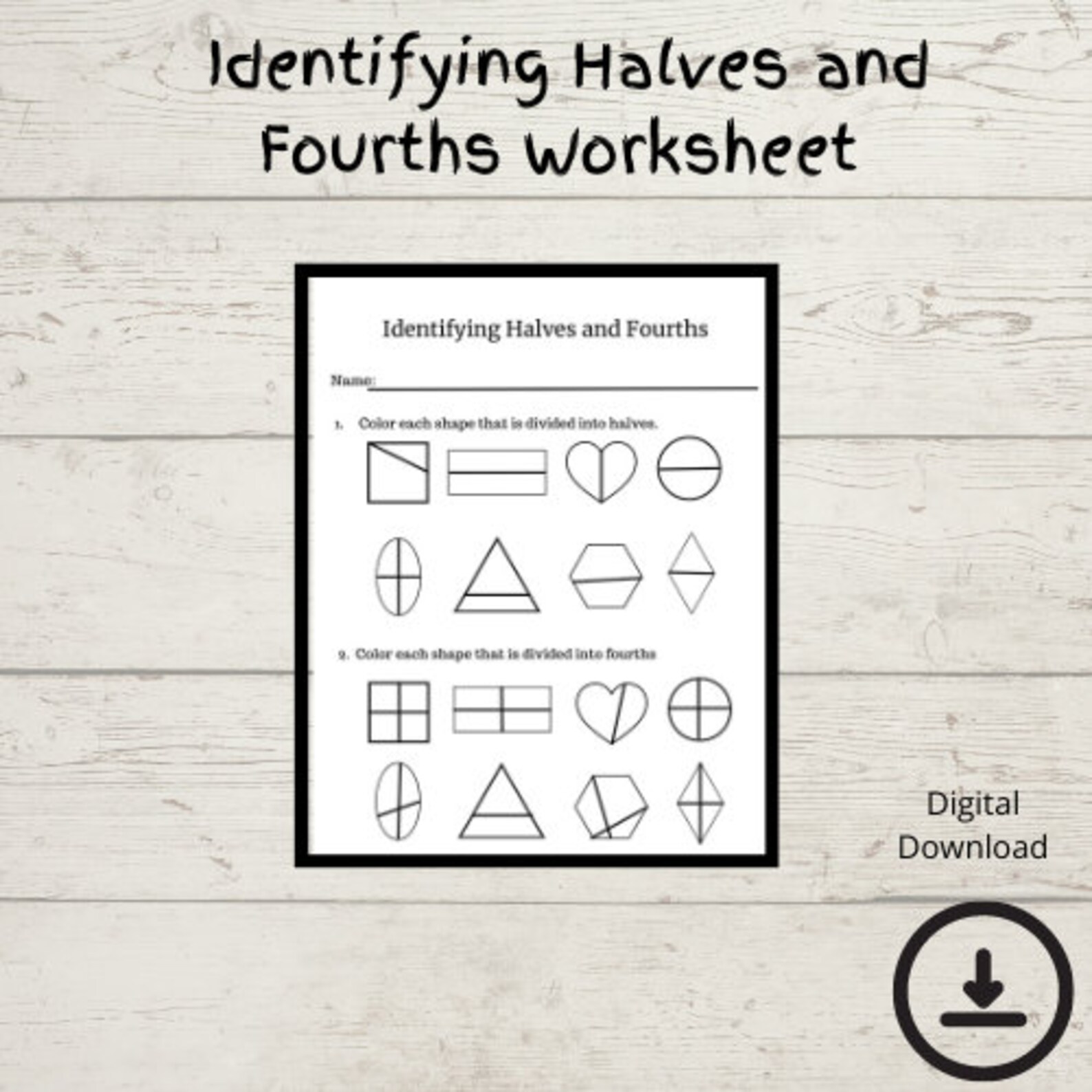 Identifying Halves and Fourths Worksheet Digital Download First Grade ...