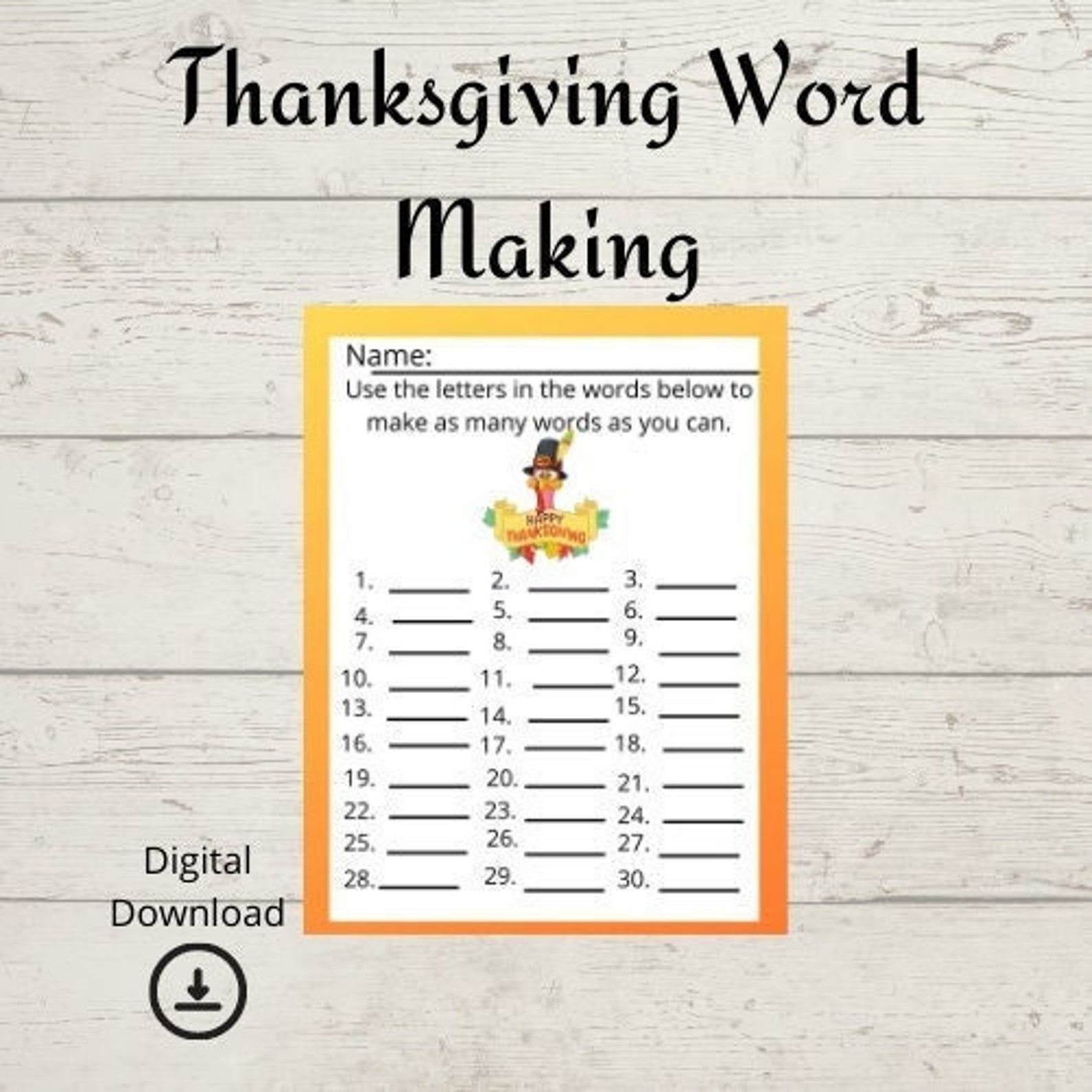 Thanksgiving Themed Word Making Activity Worksheet | Digital Download ...