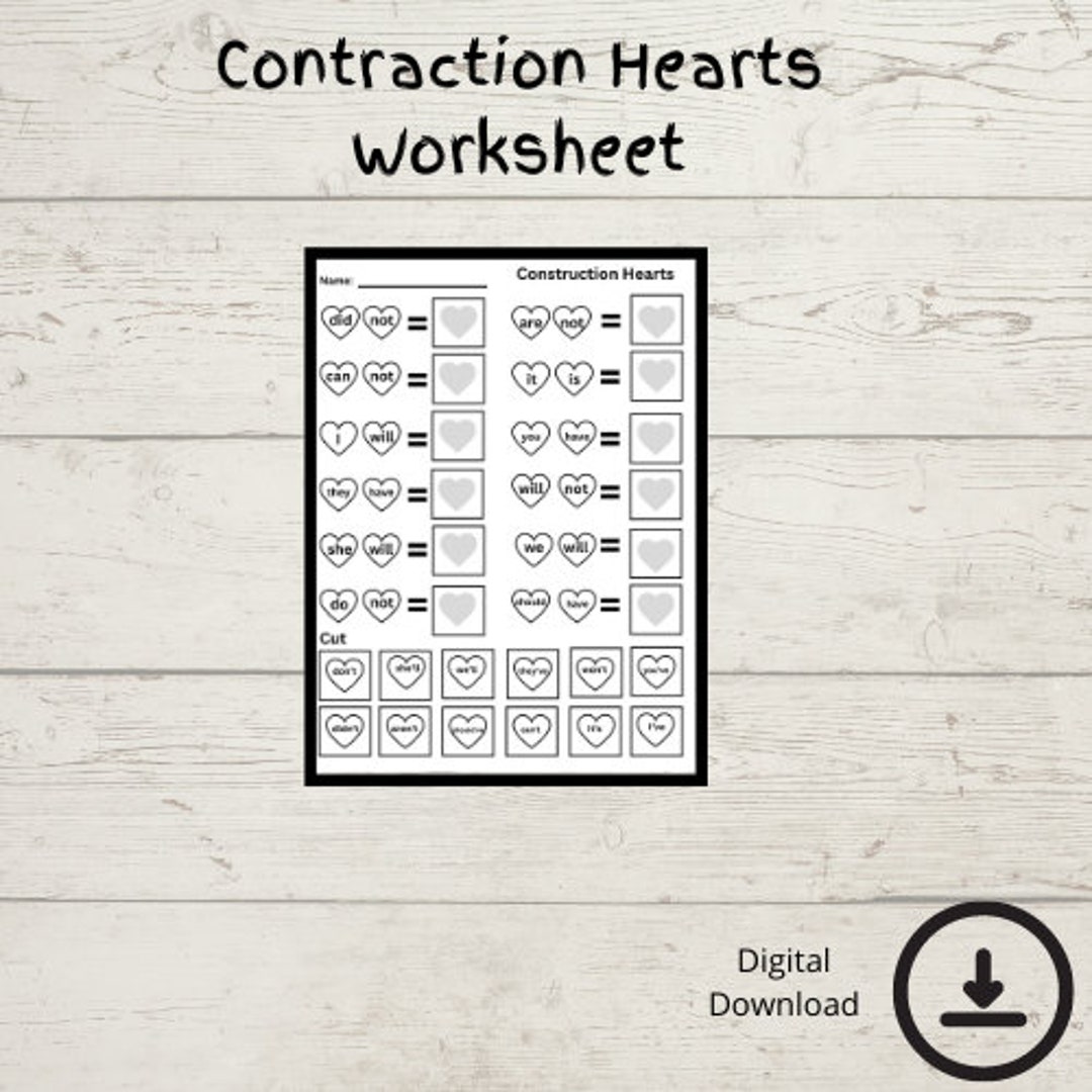 Valentine Themed Worksheet | Contractions | Digital Download | First ...