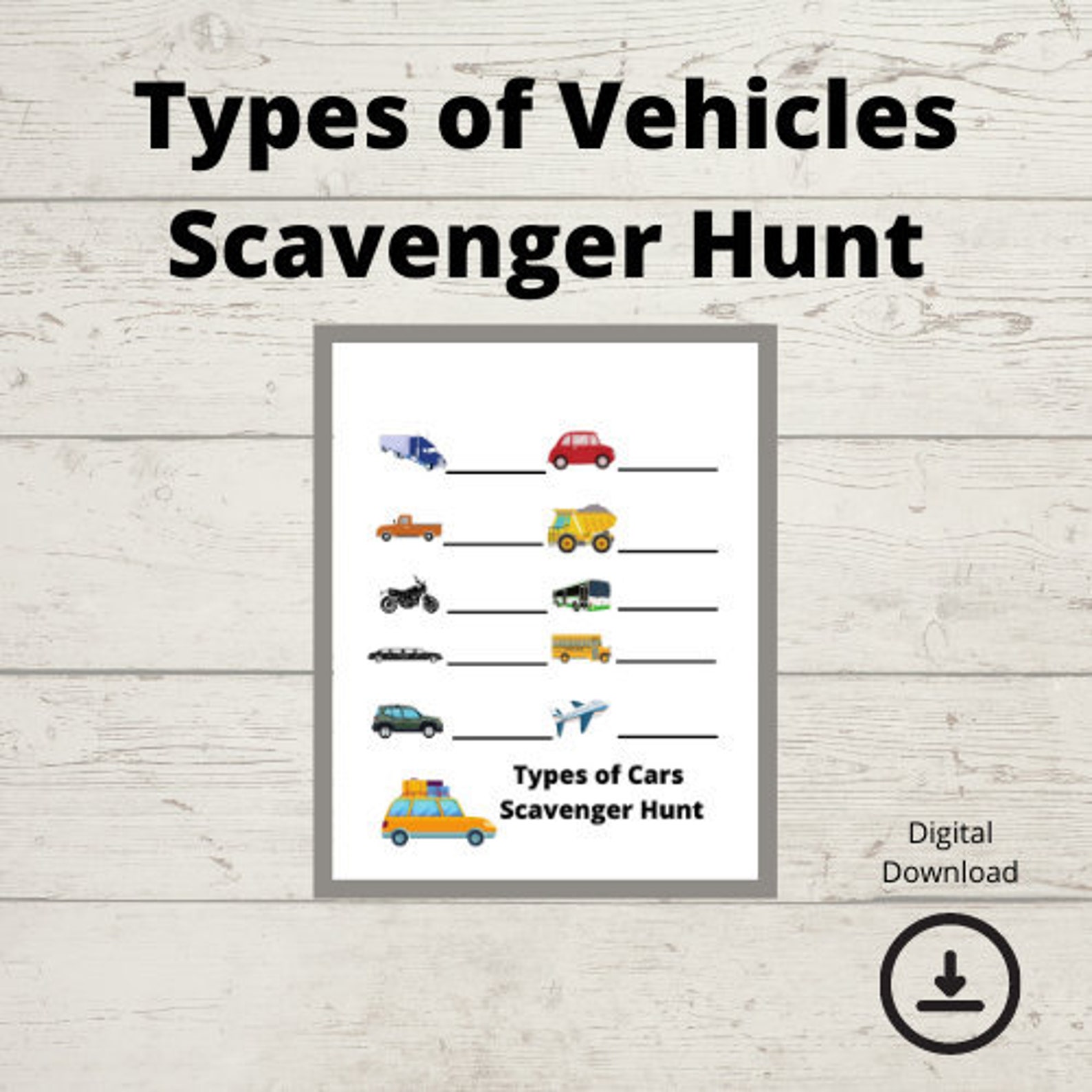 Road Trip Printables for Kids | Types of Vehicles Scavenger Hunt ...