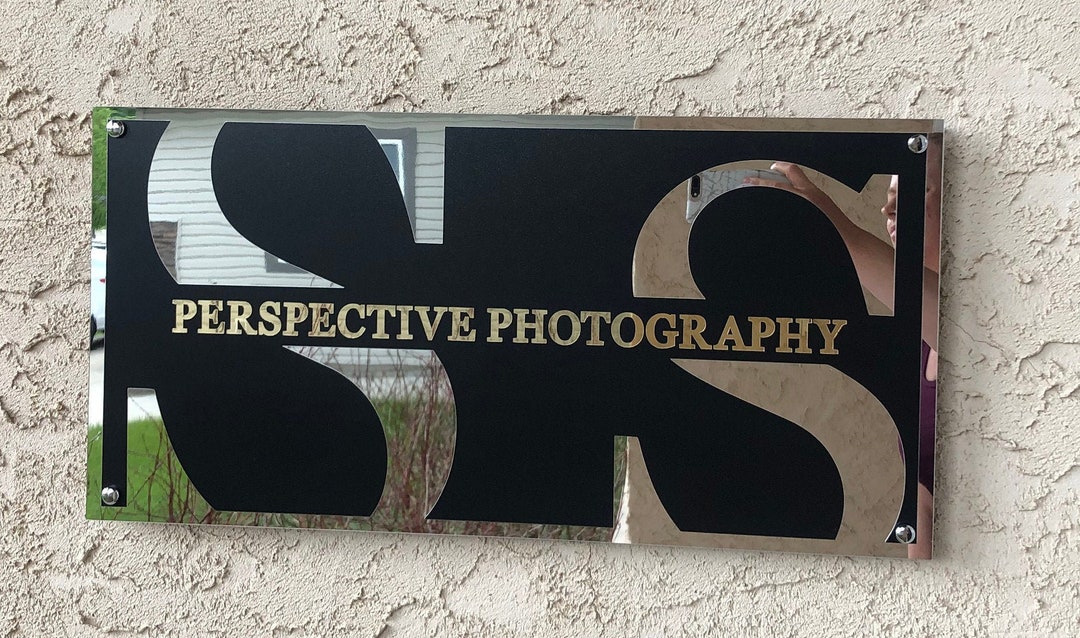 Custom Laser Cut Mirror Acrylic Logo Sign on Colored Wood With Stand ...