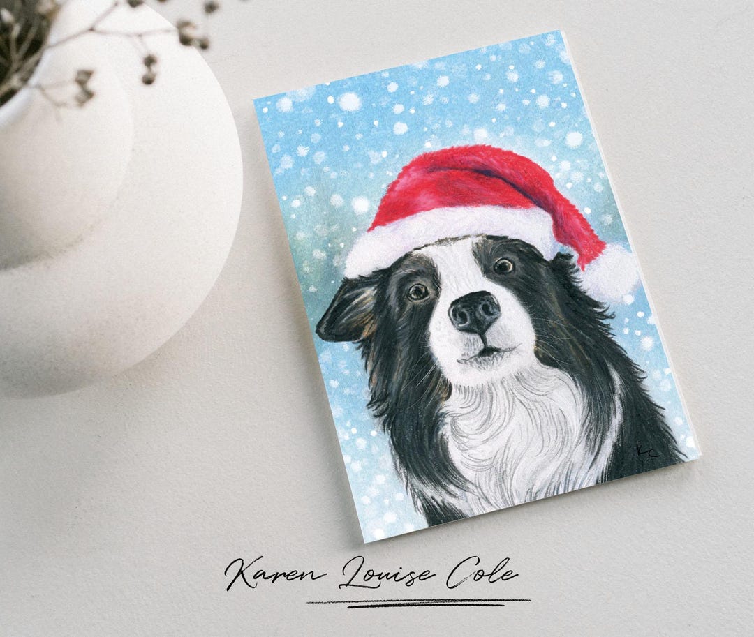 Border Collie Christmas Card, Collie Dog Greetings Card, Santa Hat Dog ...