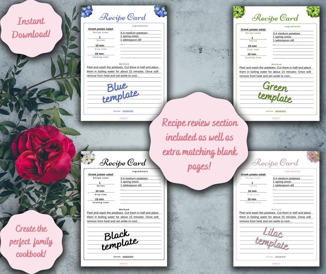 Digital Recipe Card Templates in 4 Colours-instant Download | Etsy