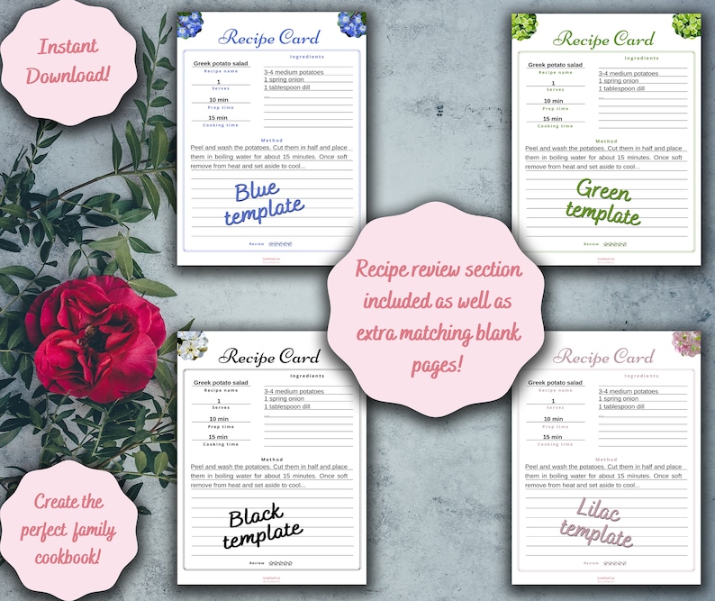 Digital Recipe Card Templates in 4 Colours-instant Download Printable ...