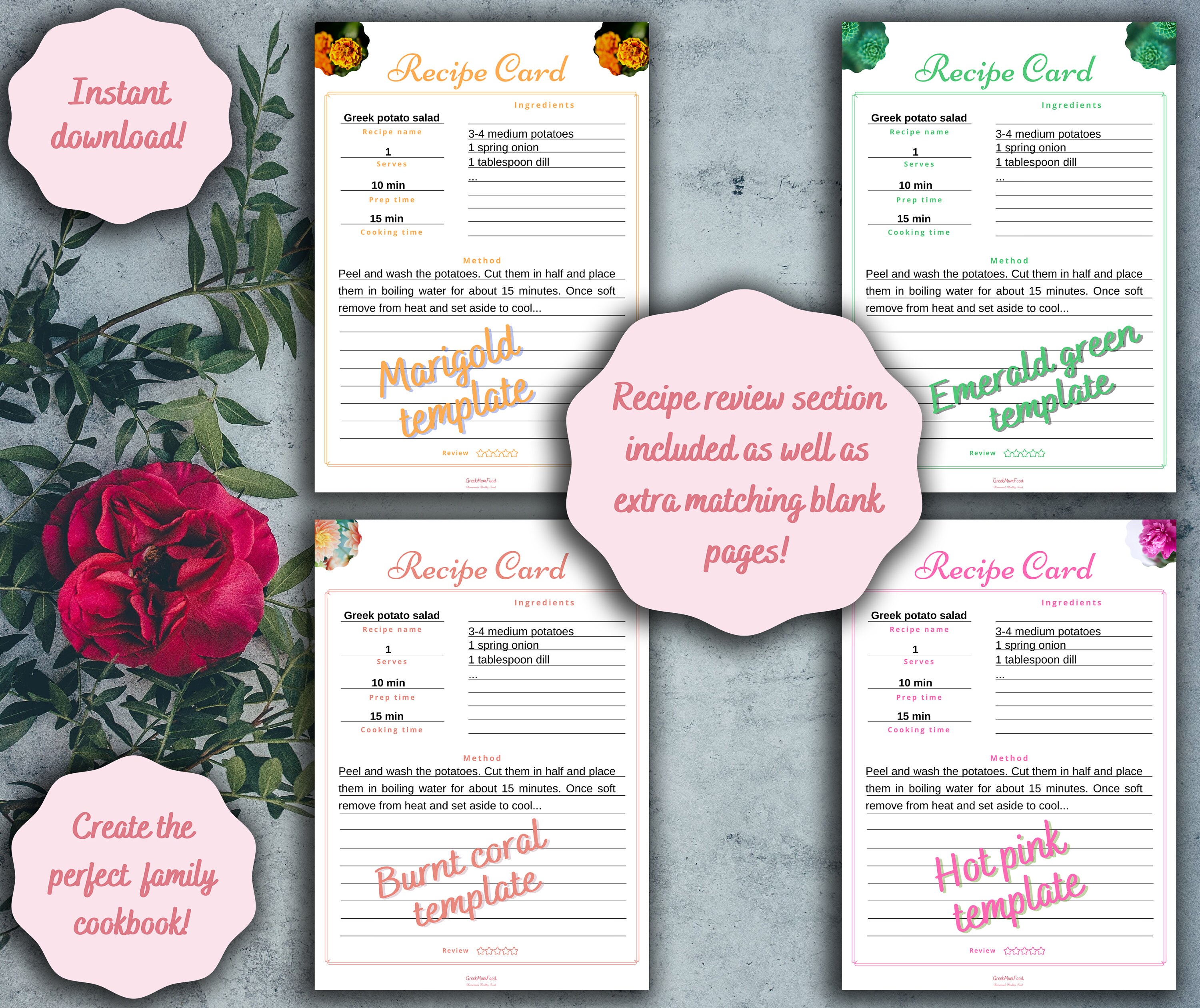 Digital Recipe Card Templates in 4 Colours-instant Download Printable ...