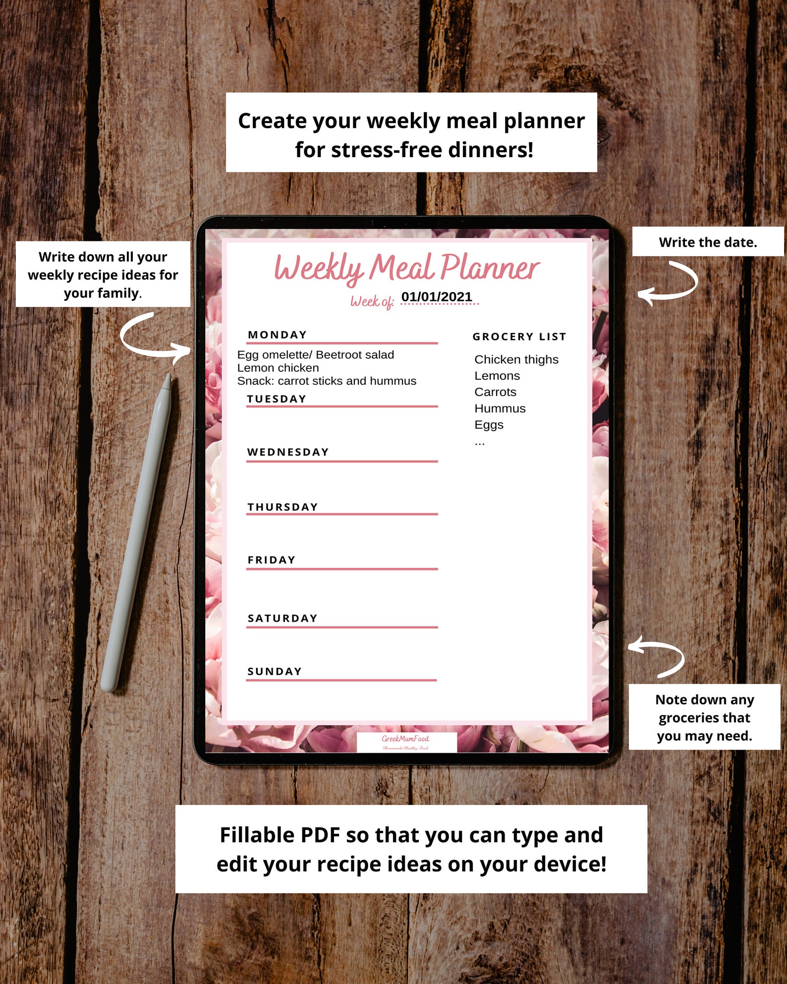 Digital Weekly Meal Planner in 2 Designs and Free Daily Planner ...