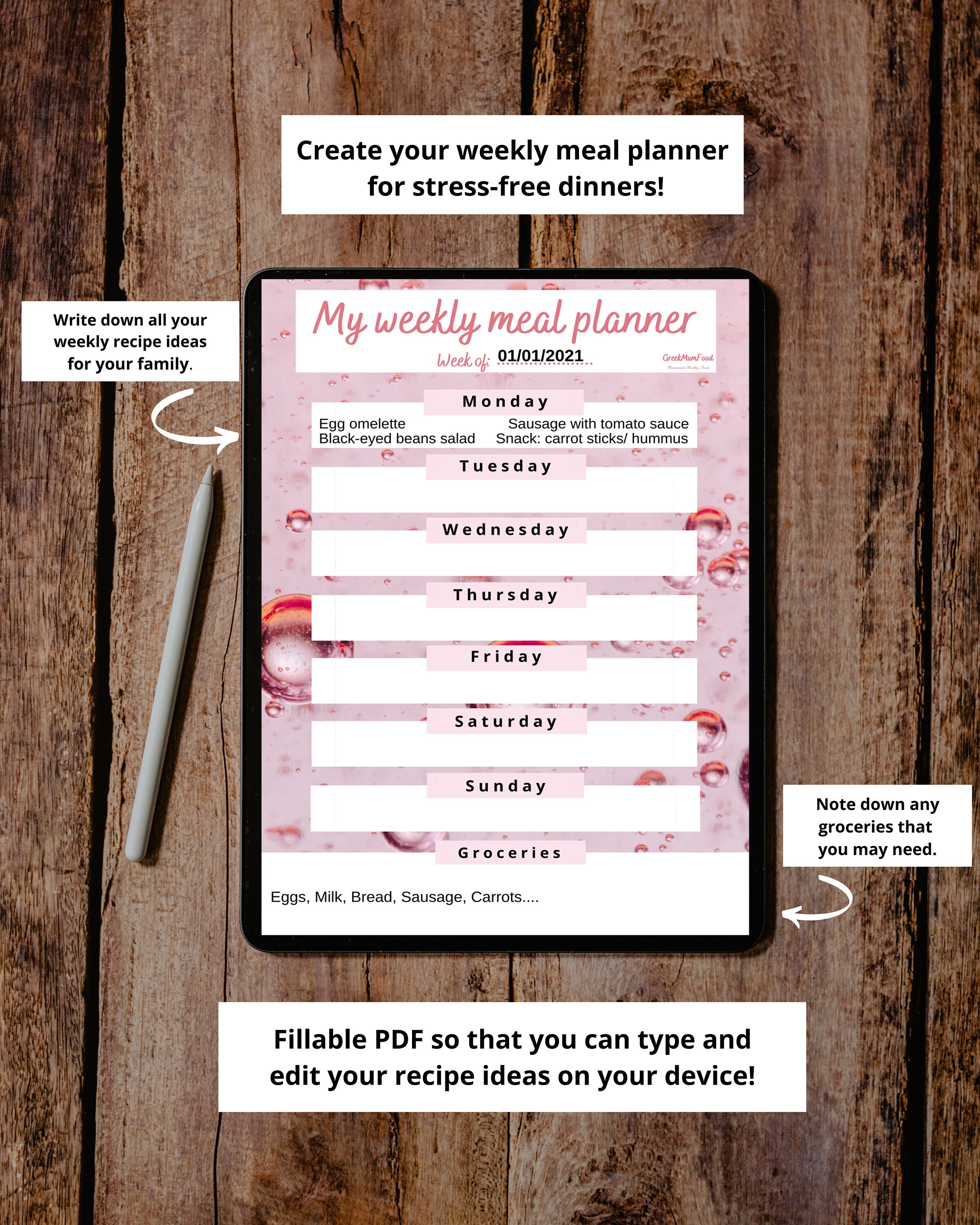 Digital Weekly Meal Planner in 2 Designs and Free Daily Planner ...