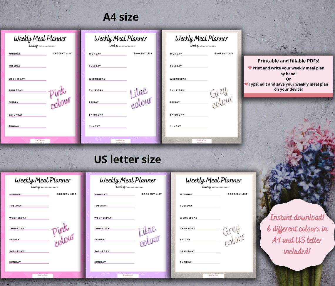 Digital Weekly Meal Planner in 6 Different Colours Printable - Etsy