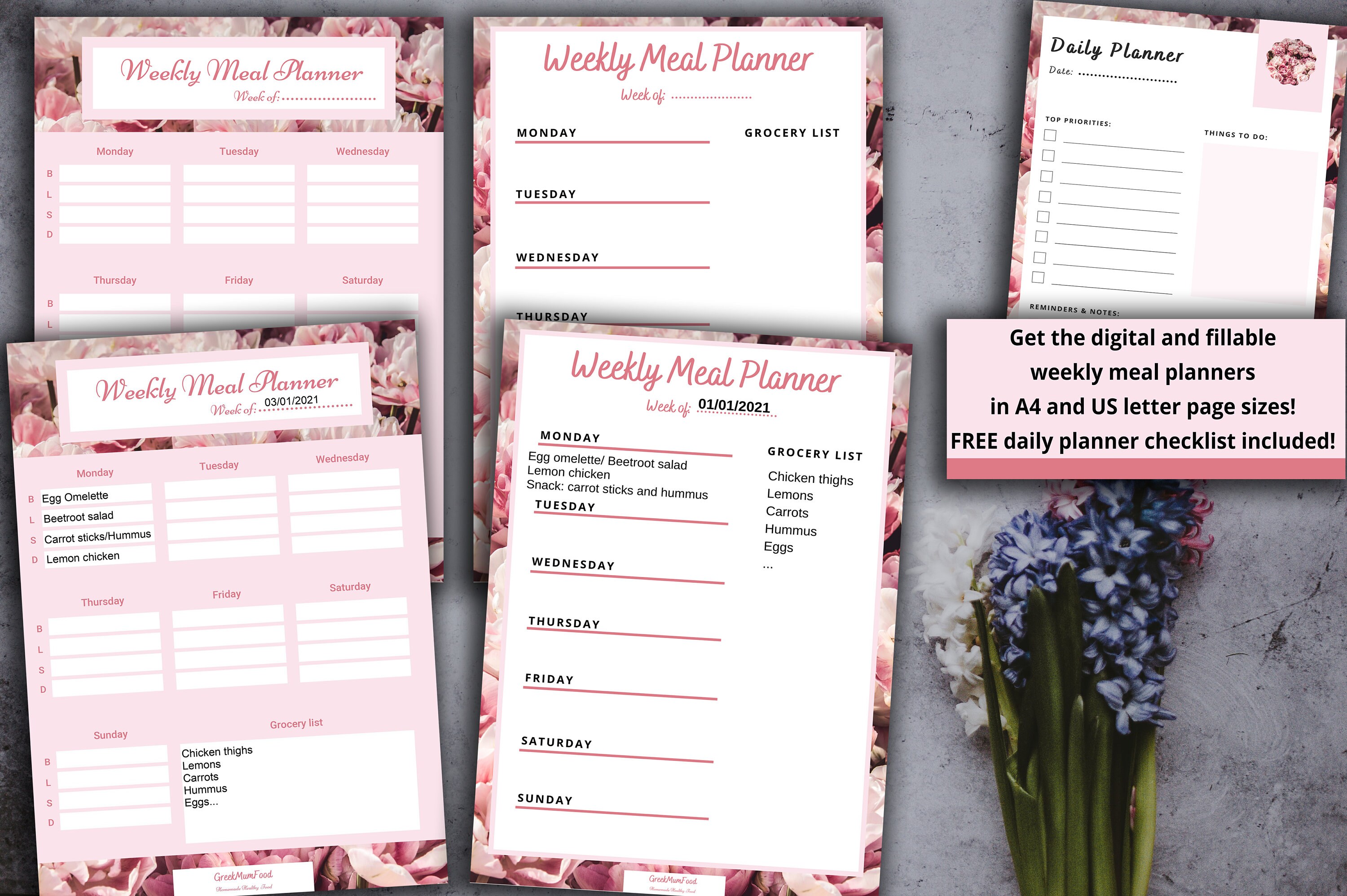 Digital Weekly Meal Planner in 2 Designs and Free Daily Planner ...