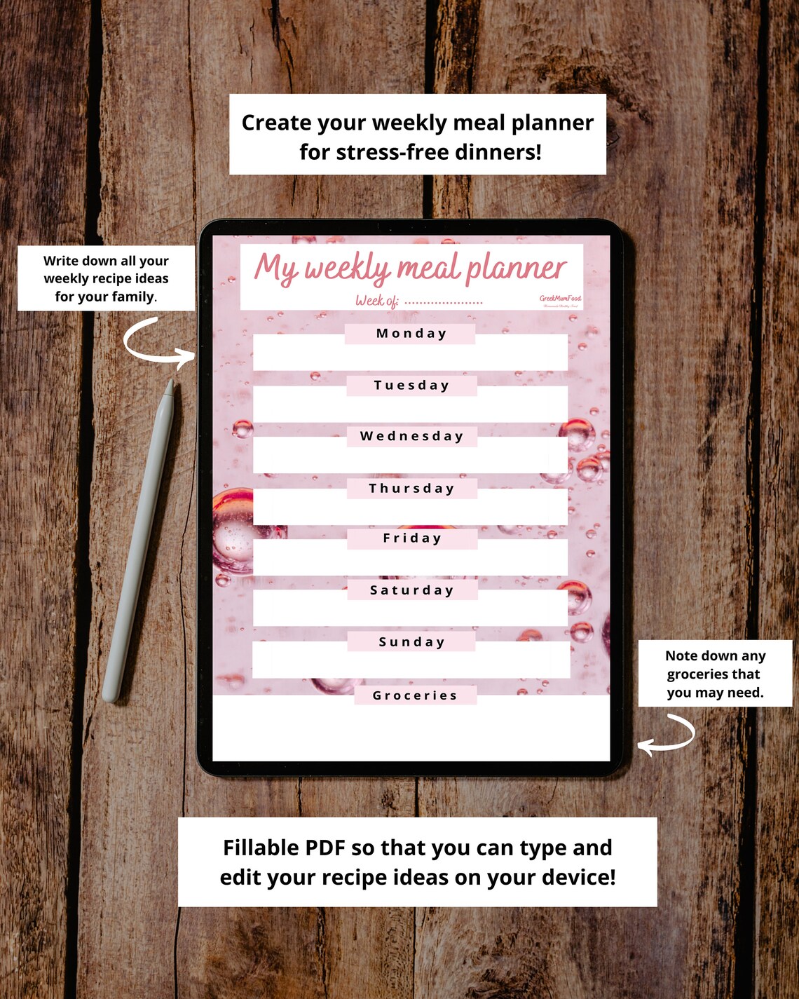 Digital Weekly Meal Planner Editable Instant Download PDF List ...