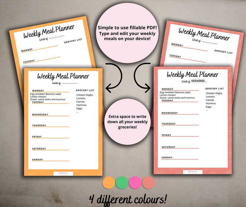 Digital Weekly Meal Planner in 4 Different Colours- Printable and ...