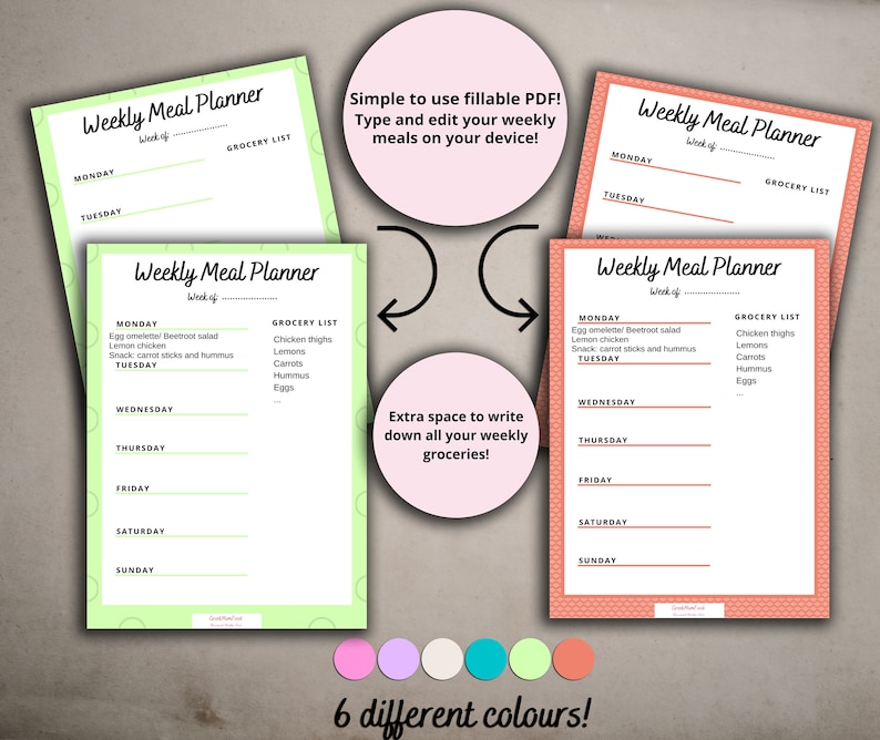 Digital Weekly Meal Planner in 6 Different Colours- Printable and ...