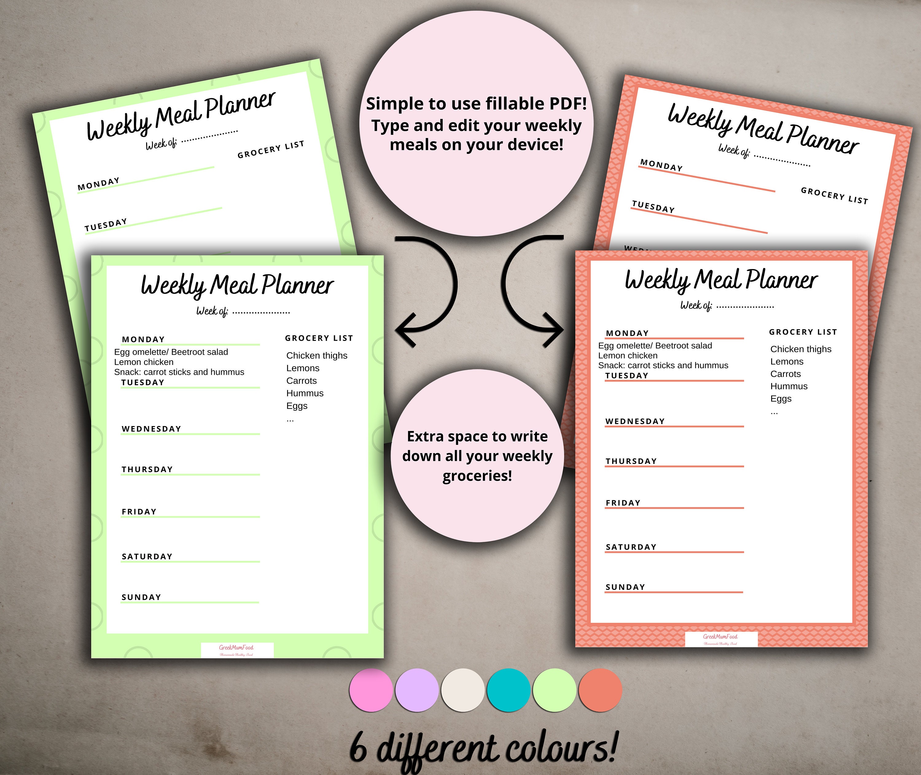 Digital Weekly Meal Planner in 6 Different Colours- Printable and ...