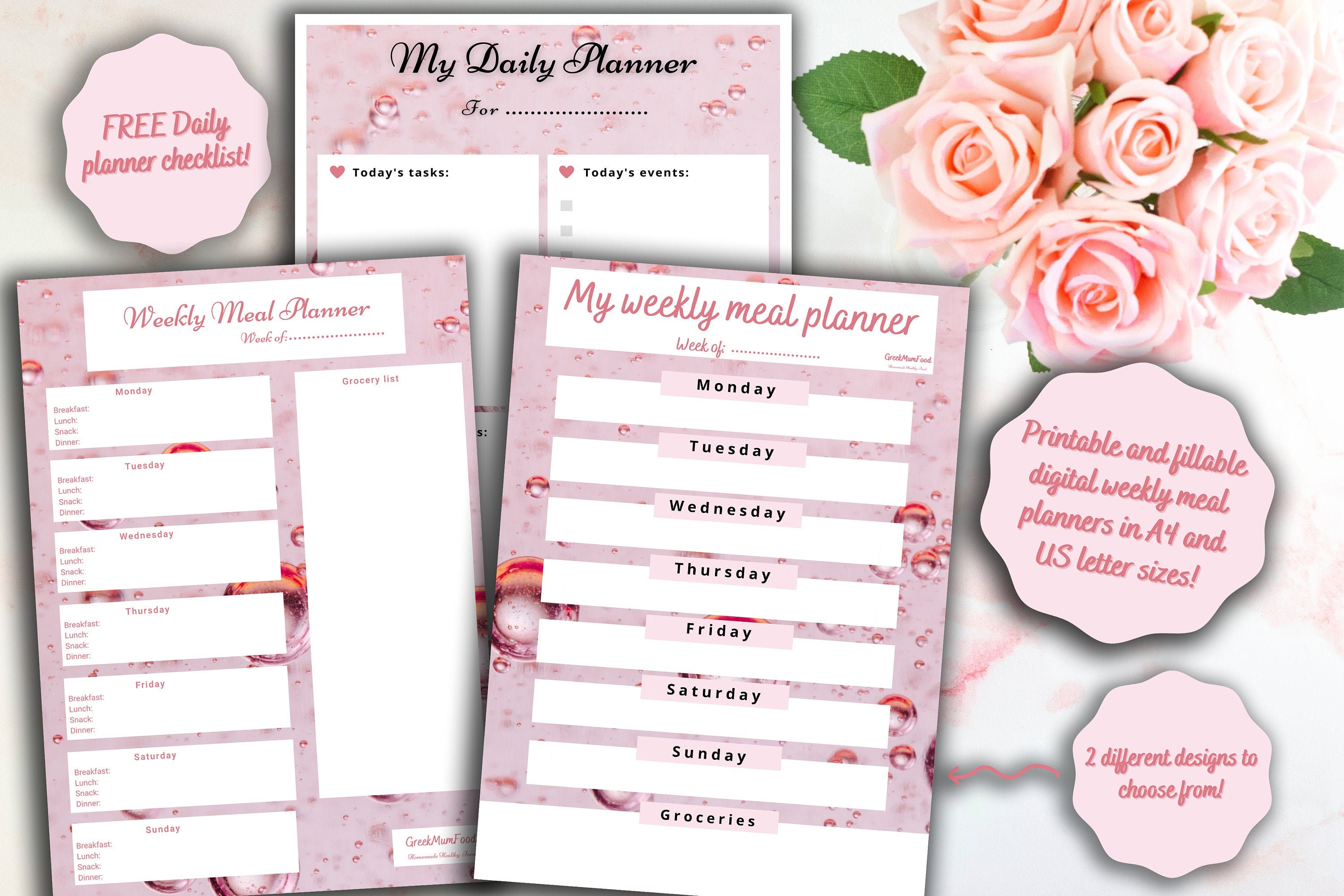 Digital Weekly Meal Planner in 2 Designs and Free Daily Planner ...