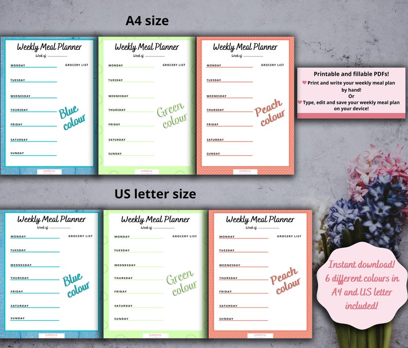Digital Weekly Meal Planner in 6 Different Colours- Printable and ...