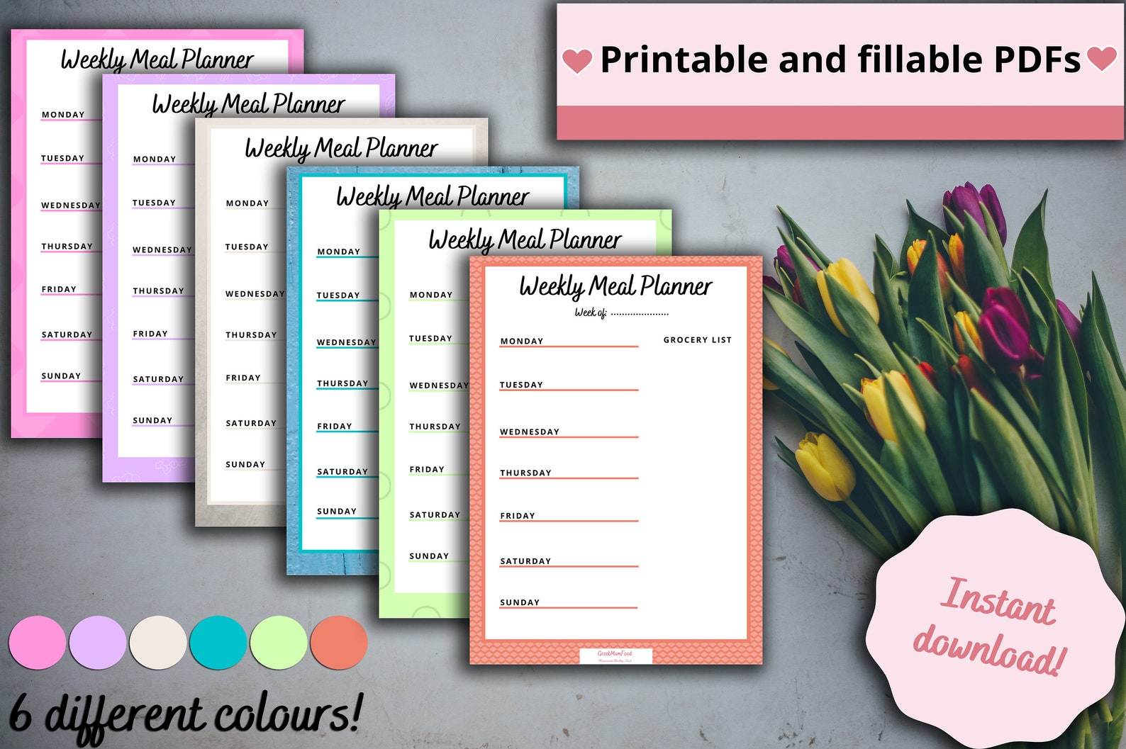 Digital Weekly Meal Planner in 6 Different Colours- Printable and ...
