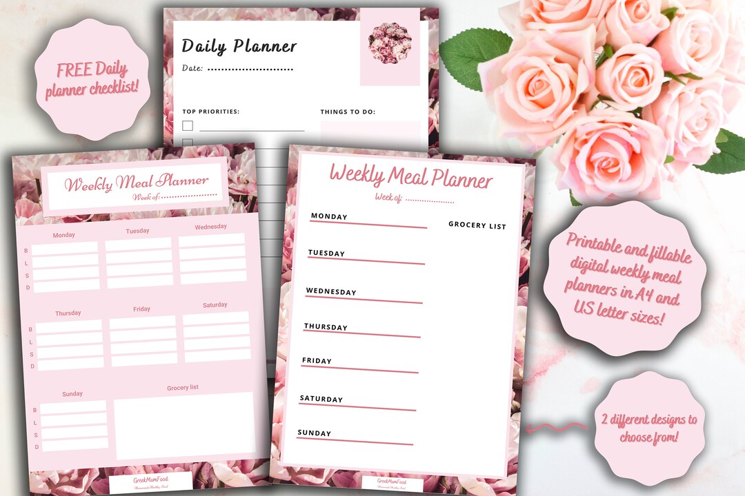 Digital Weekly Meal Planner in 2 Designs and Free Daily Planner ...