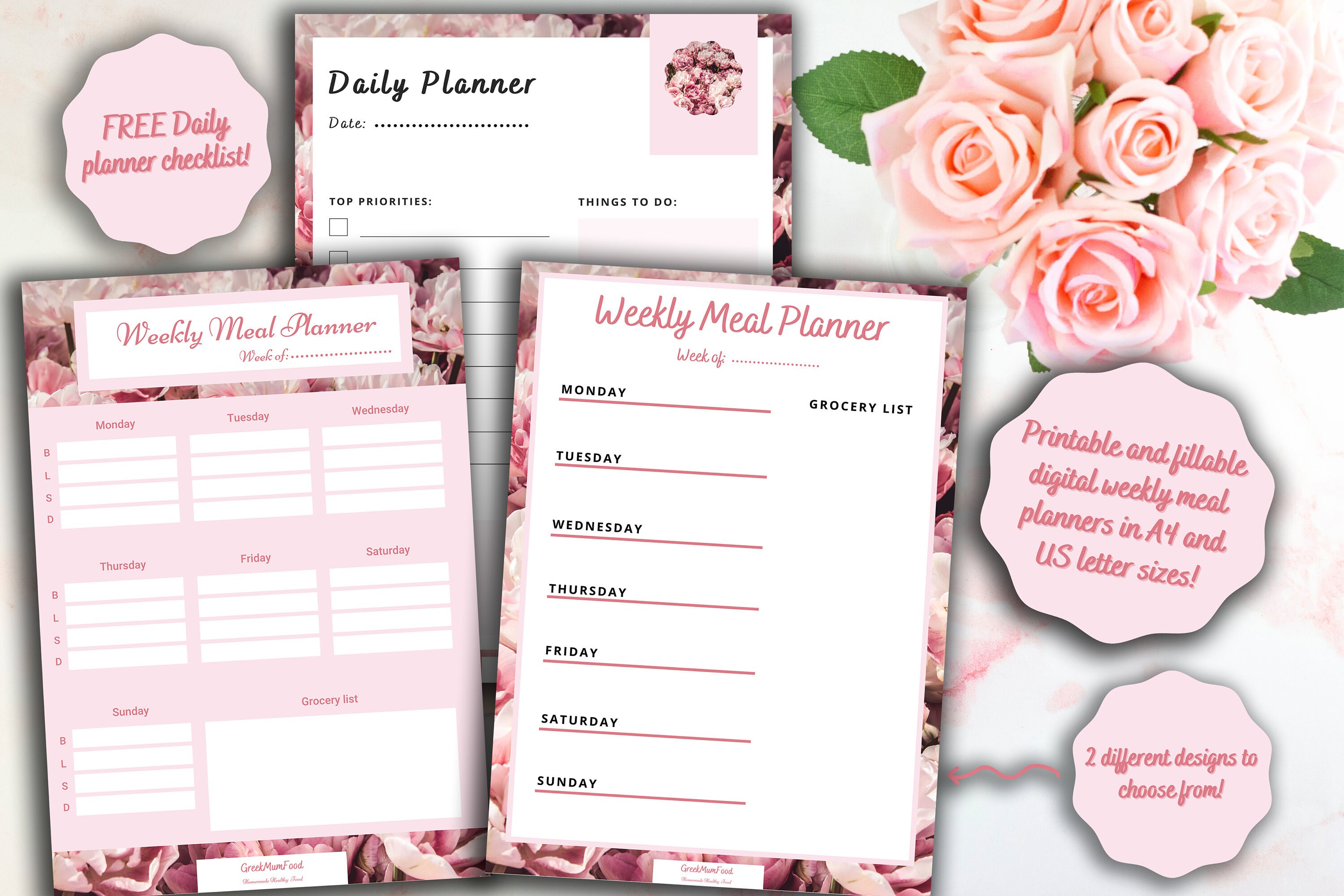 Digital Weekly Meal Planner in 2 Designs and Free Daily Planner ...