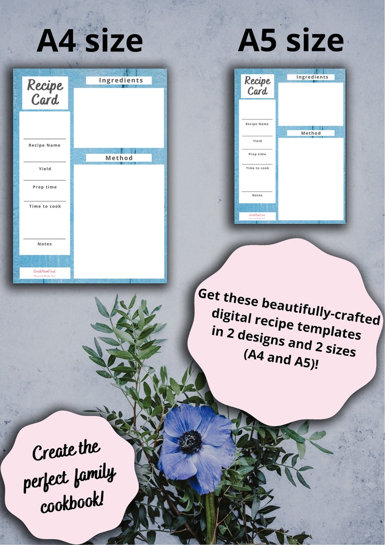 Digital Recipe Card Templates in 2 Designs- Instant Download Printable ...