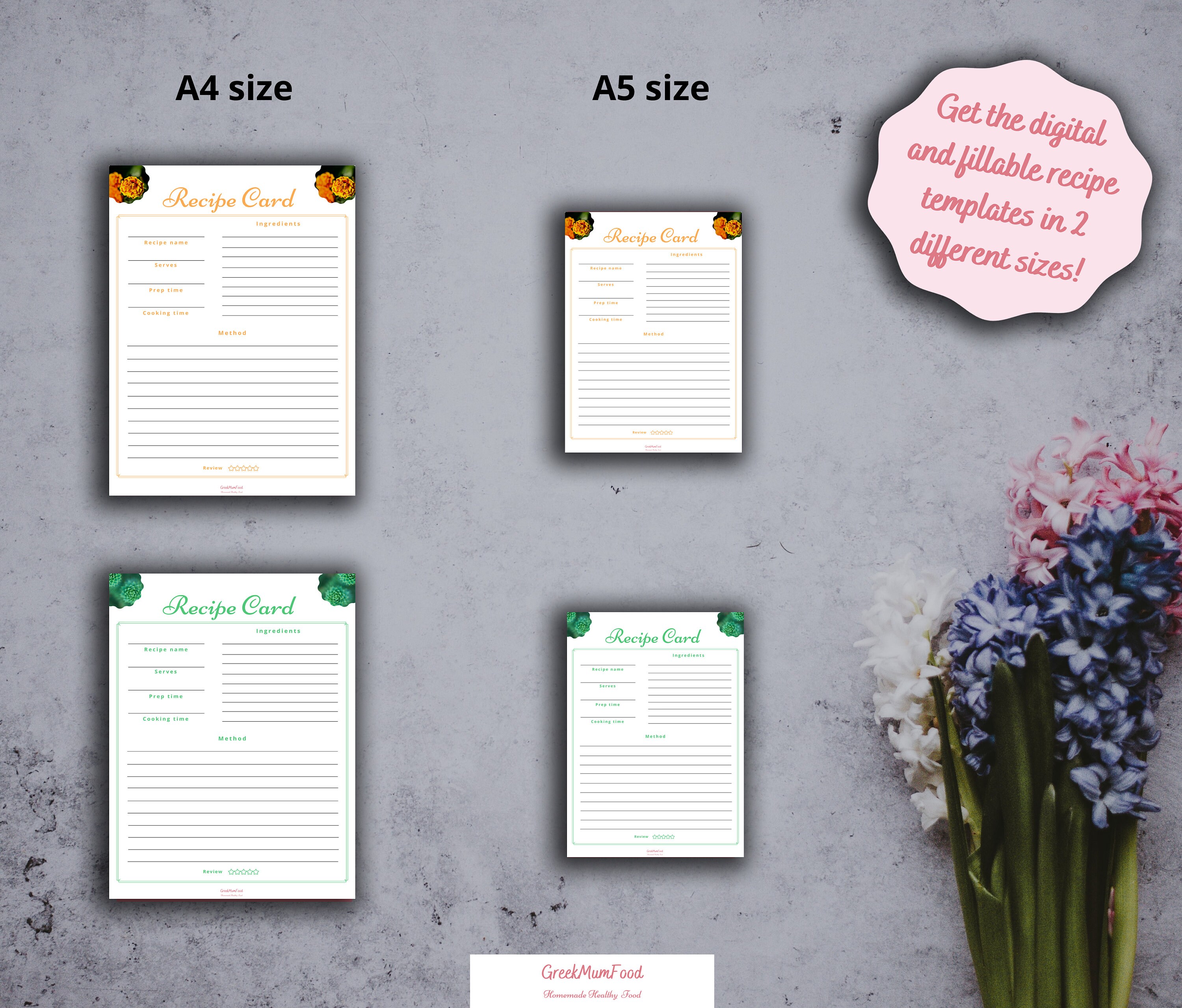 Digital Recipe Card Templates in 4 Colours-instant Download Printable ...