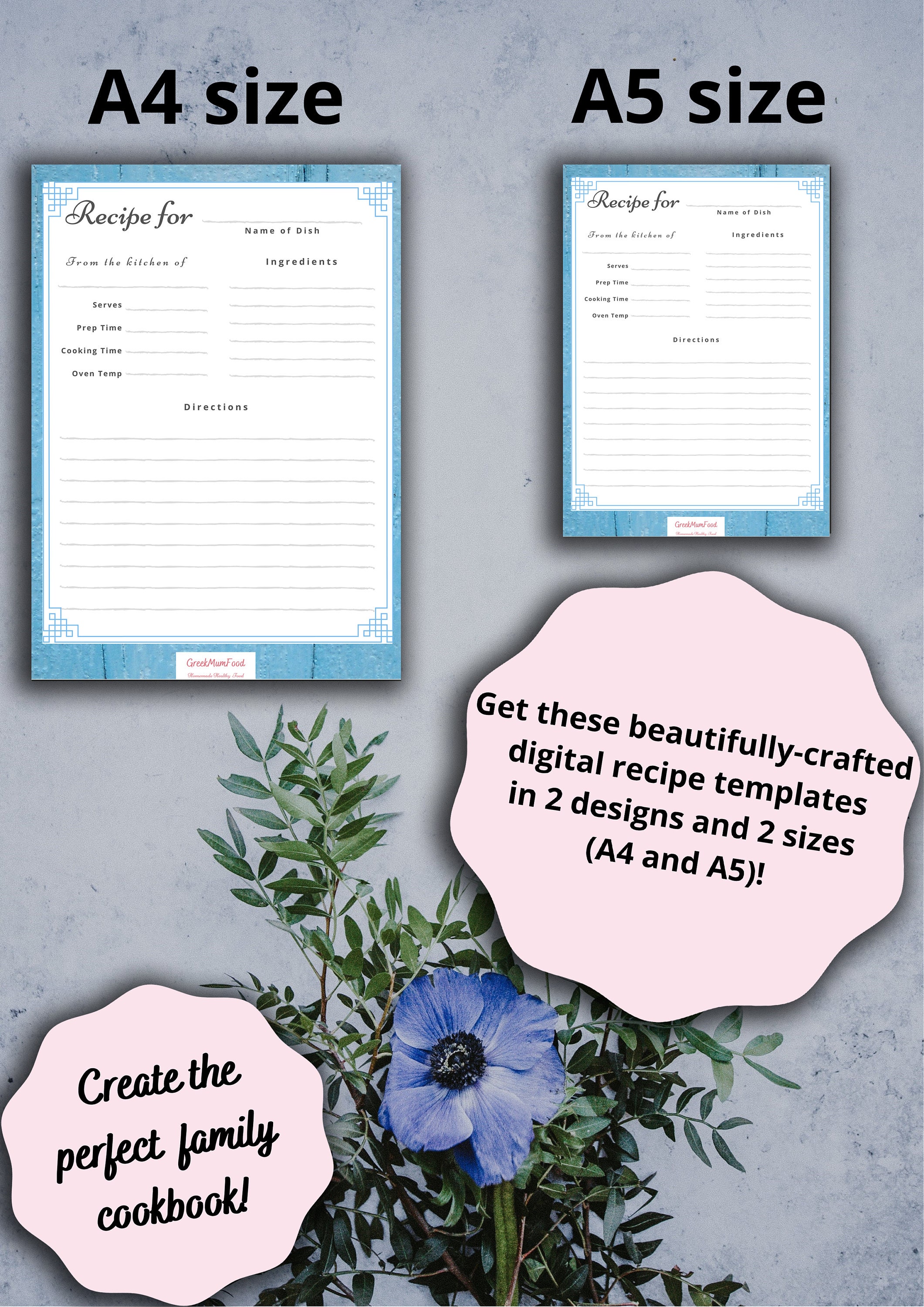 Digital Recipe Card Templates in 2 Designs- Instant Download Printable ...