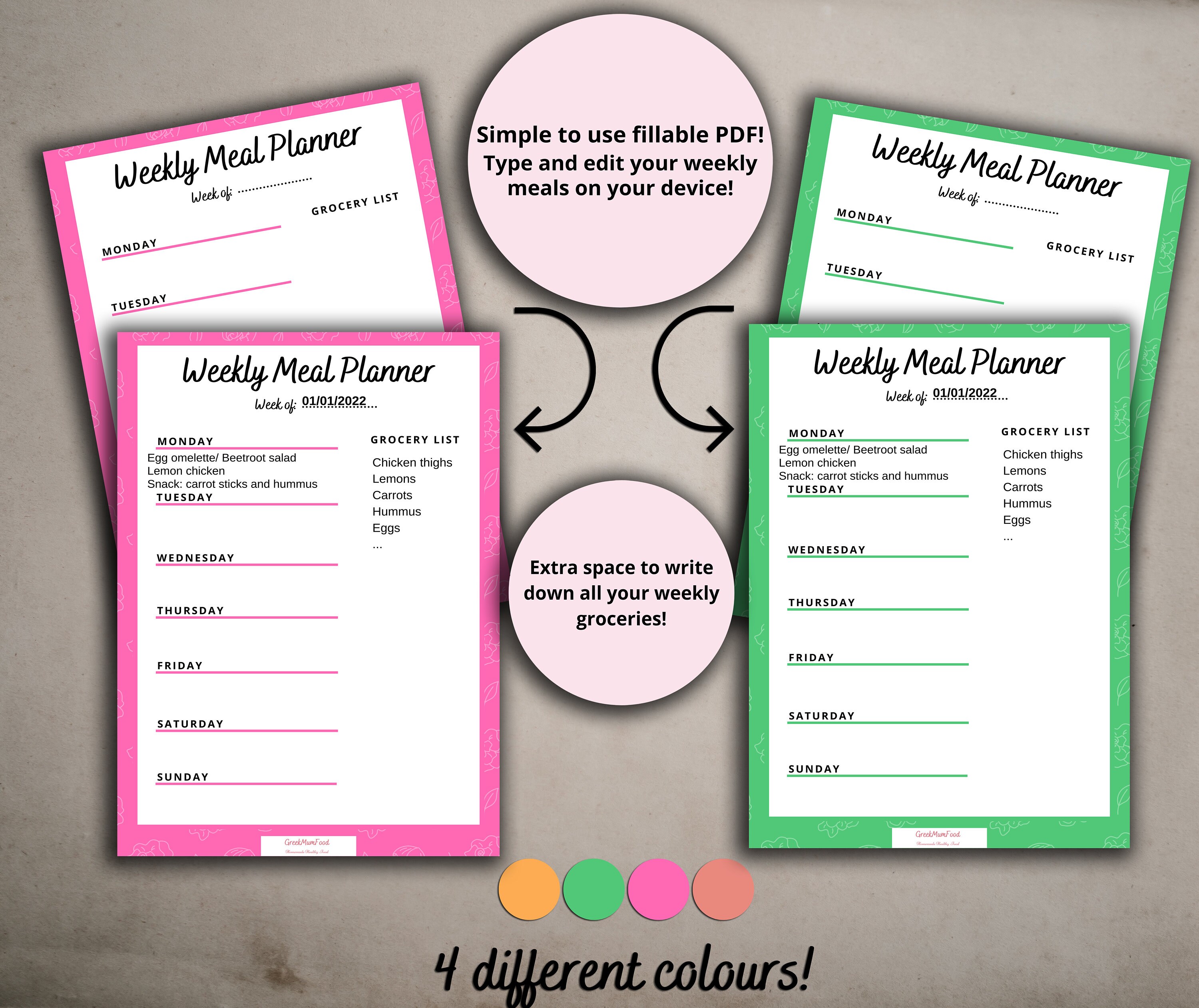 Digital Weekly Meal Planner in 4 Different Colours- Printable and ...