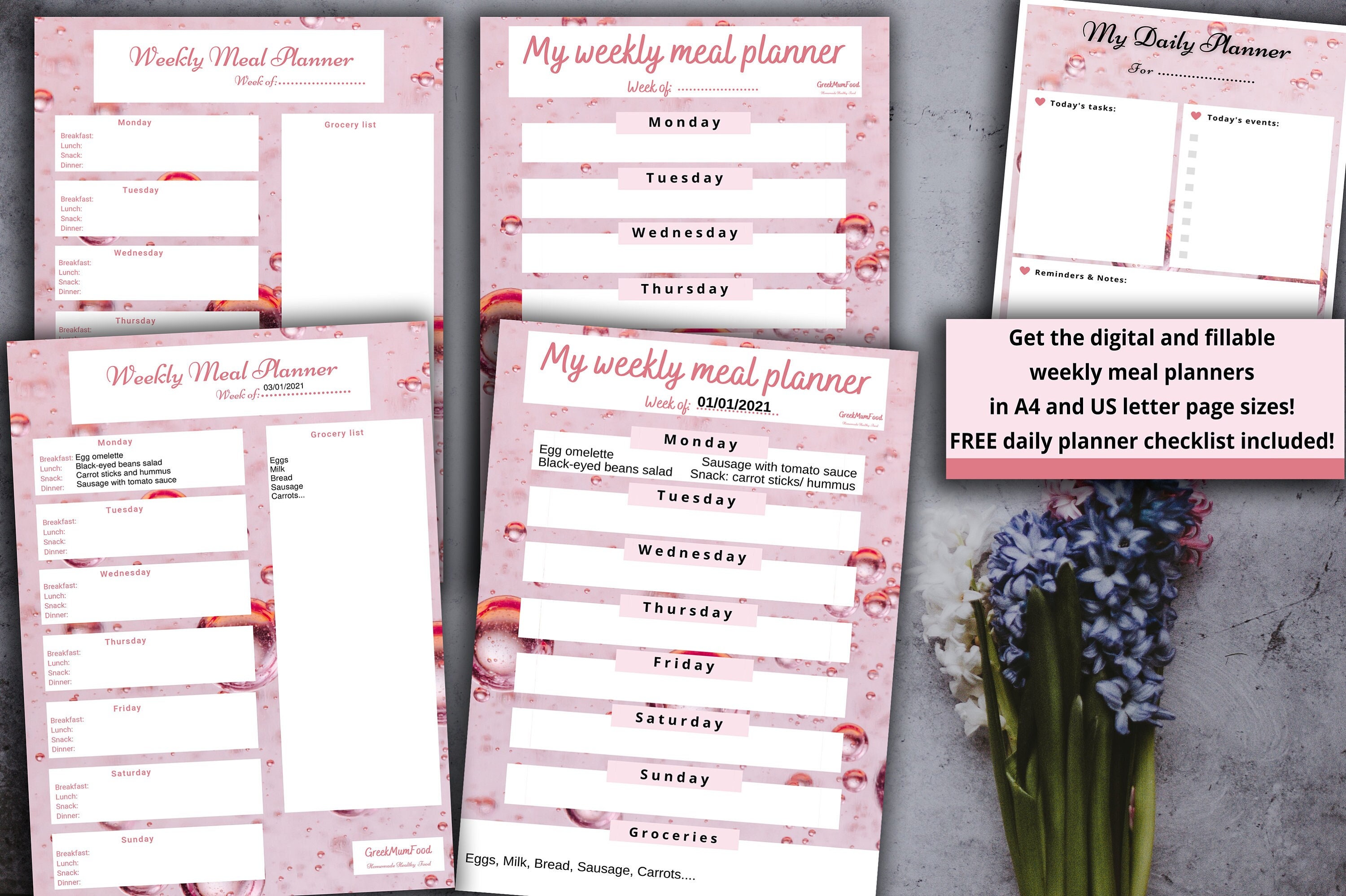 Digital Weekly Meal Planner in 2 Designs and Free Daily Planner ...