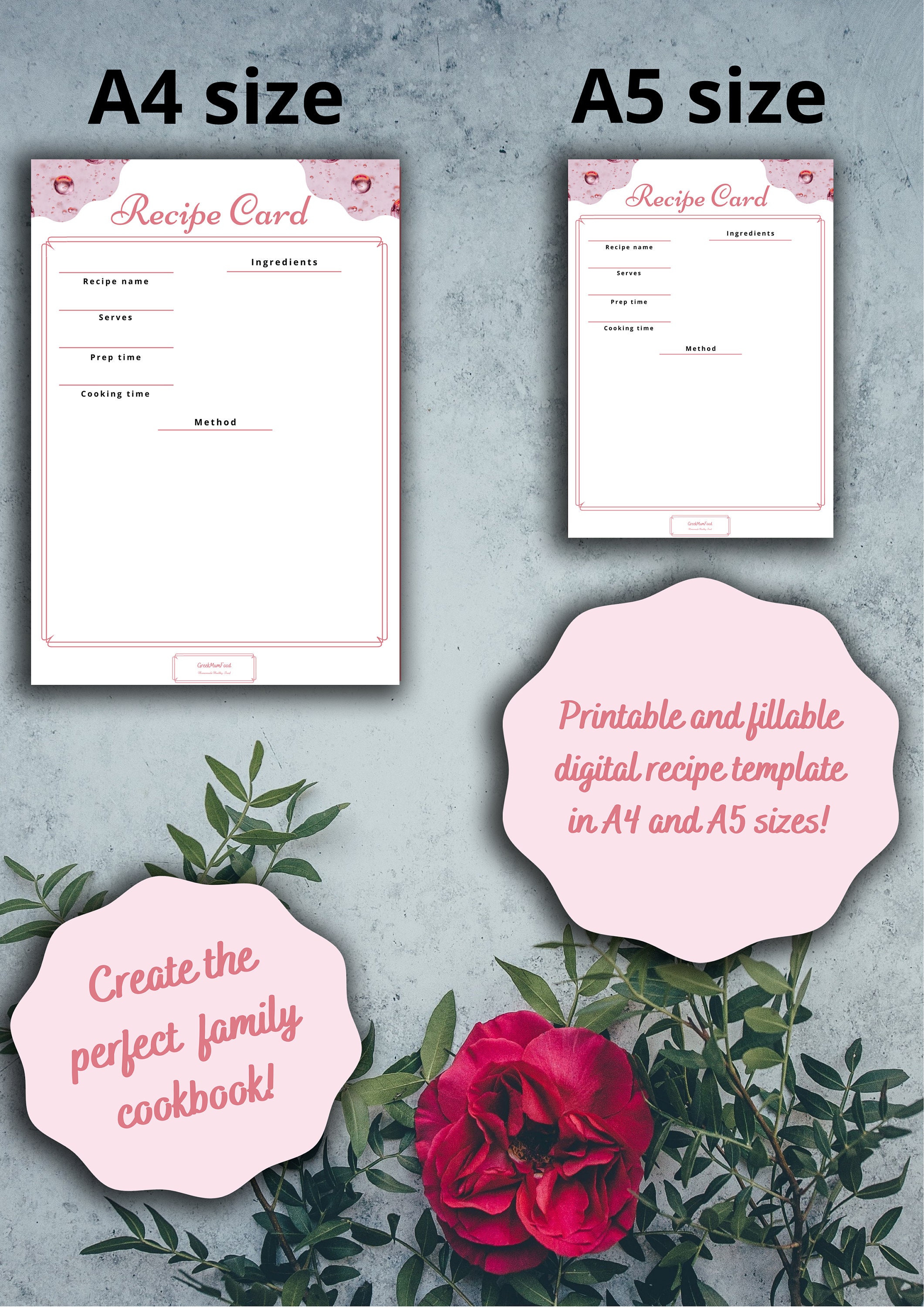Digital Recipe Card Templates in 2 Designs- Instant Download Printable ...
