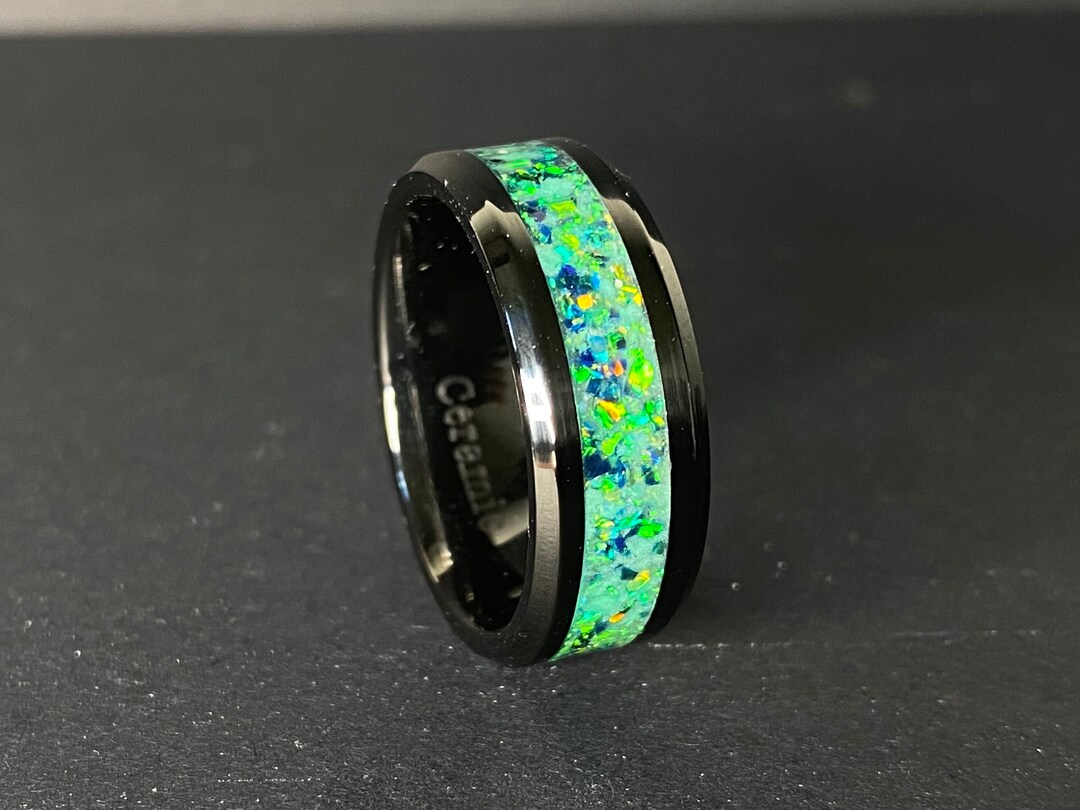 Handmade Emerald Green Crushed Opal and Green Glow Inlay Black Ceramic ...
