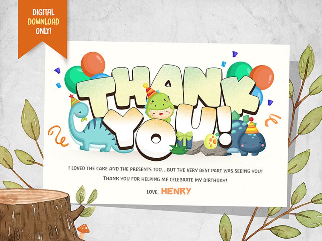 Dino Digital Thank You Card, Dino Favor Card, Dinosaur Party Printable ...