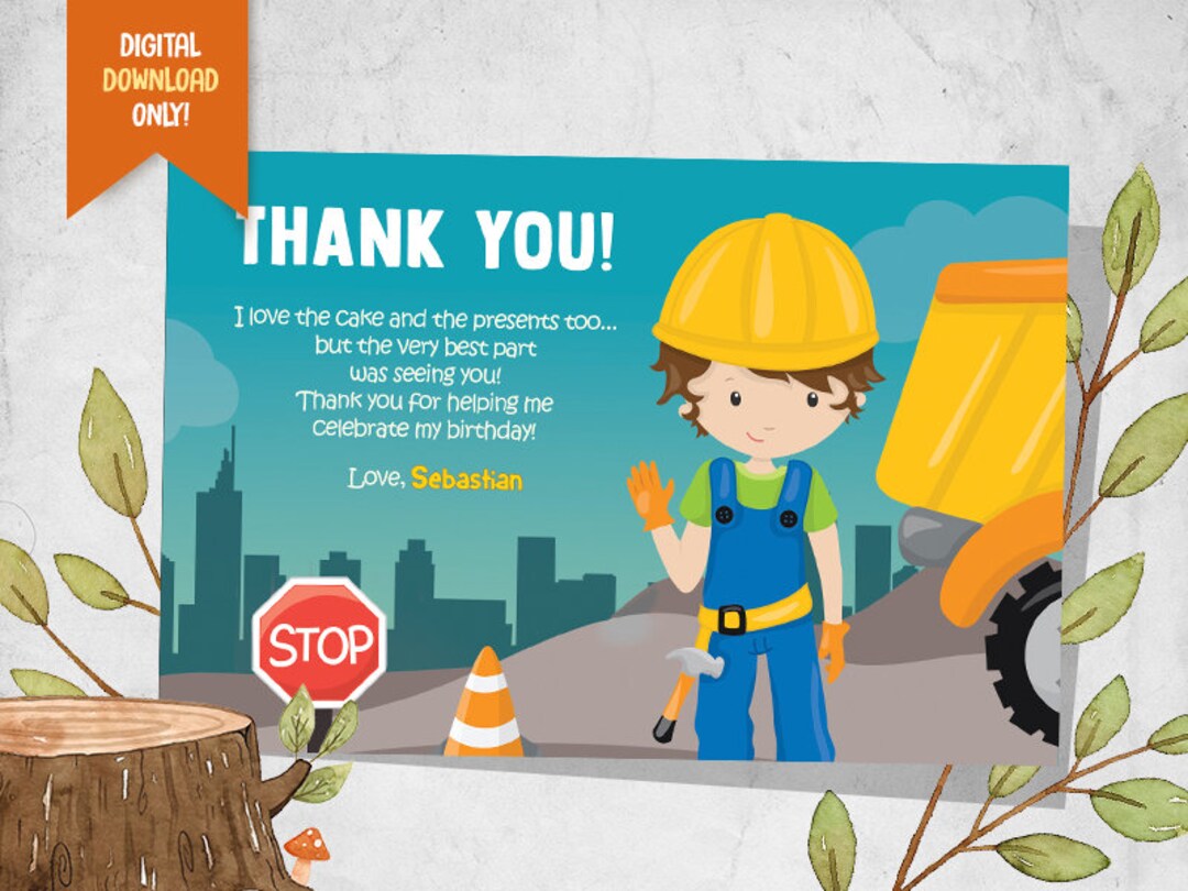 Construction Digital Thank You Card, Cement Truck Birthday Favor Card ...