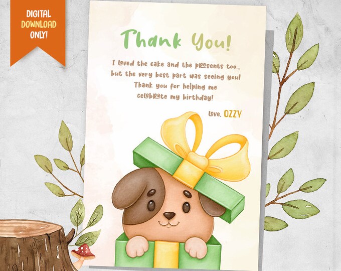 Cute Dog Thank You Card, Cute Animal Party Favor, Puppy Party Card, Dog ...