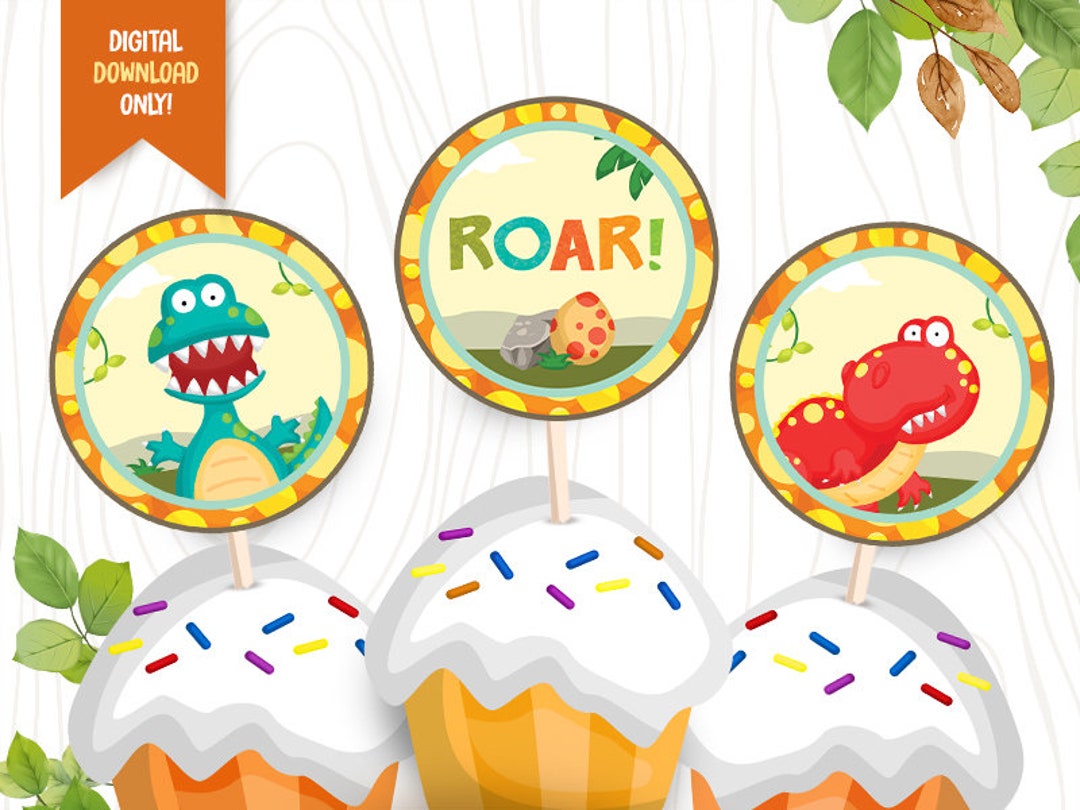 Dino Cupcake Toppers, INSTANT DOWNLOAD, Dinosaur Birthday Party Label ...