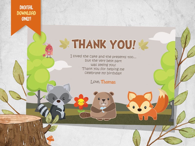 Woodland Digital Thank You Card Forest Animal Birthday - Etsy