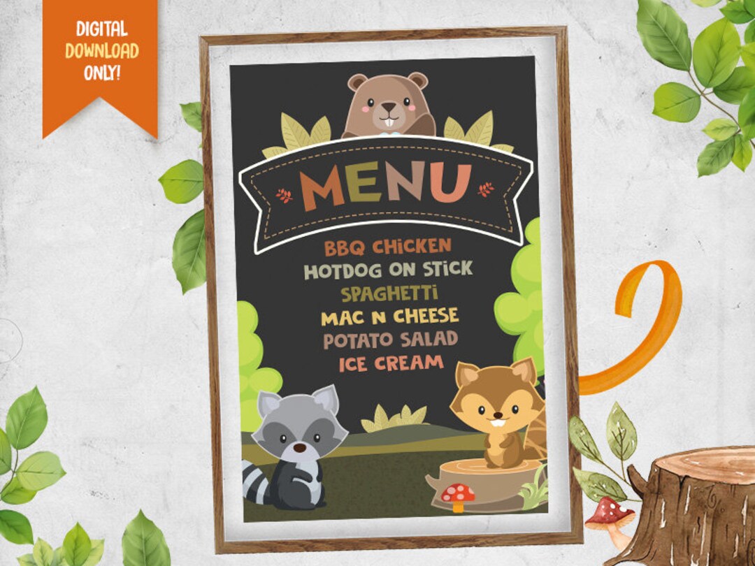 Woodland Menu Chalkboard, Forest Animals Birthday Chalk Sign, Cute Fox ...