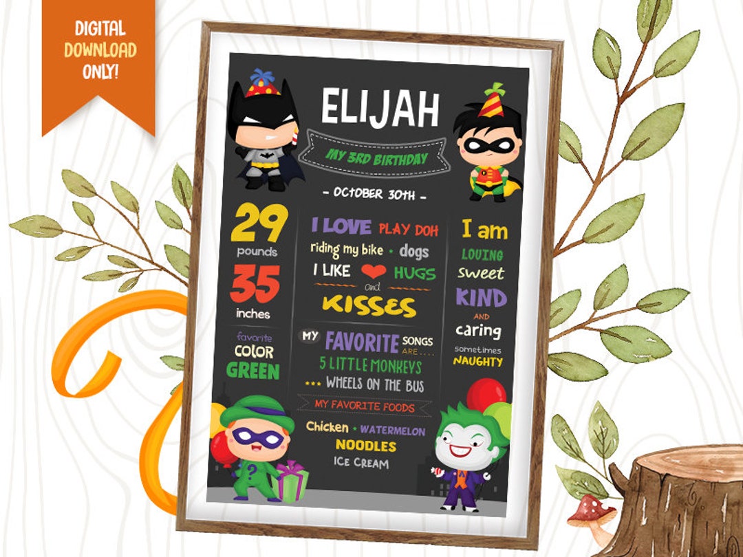 Superhero Digital Chalkboard, Cute Superheroes Birthday Chalkboard ...