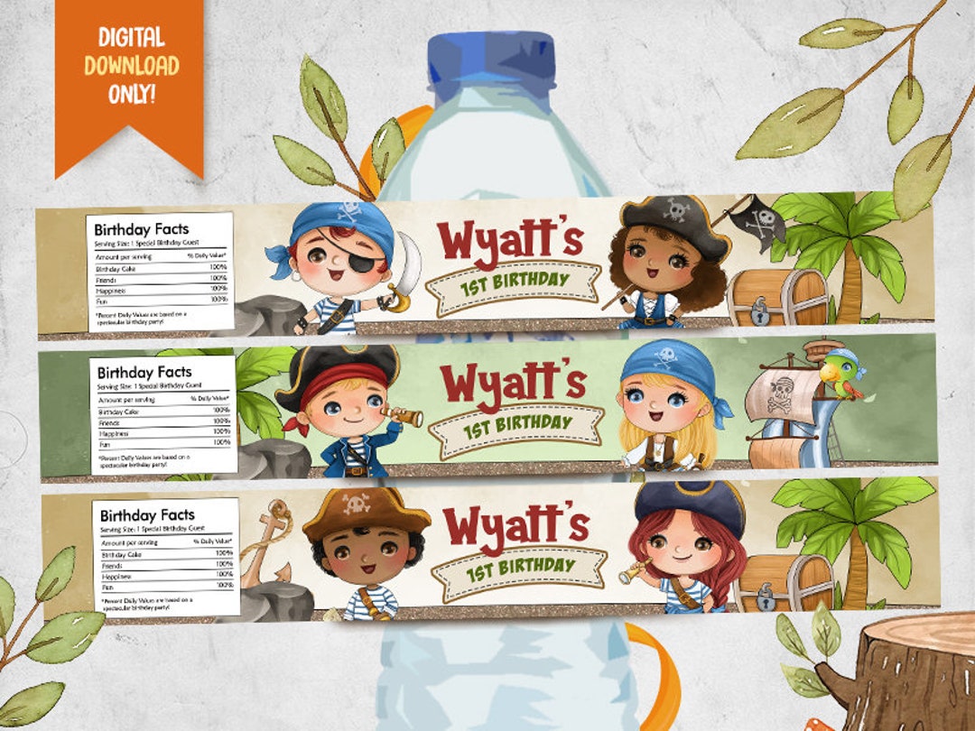 Pirate Kids Digital Water Bottle Label, Cute Pirates Printable Bottle ...